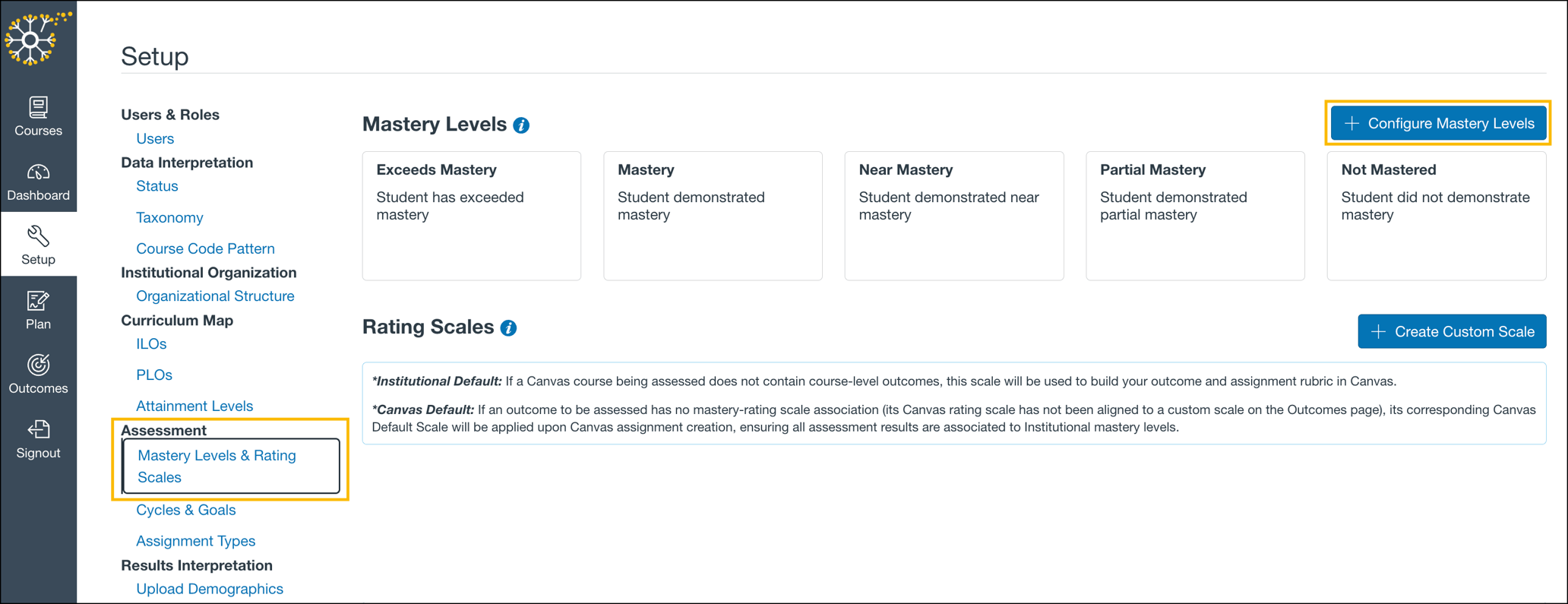 How do I set up Mastery Levels and Rating Scales?